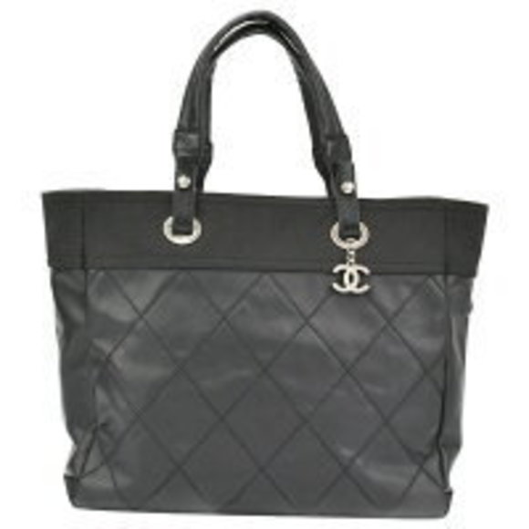 CHANEL | Bags | Chanel Paris Biarritz Mm Black Leather Canvas Sv ...